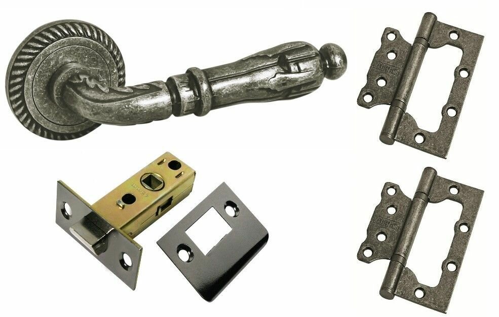 Ручка дверная межкомнатная Palidore A-402_AS_L6-45, состаренное серебро (ручка + замок защелка + 2 петли без врезки)