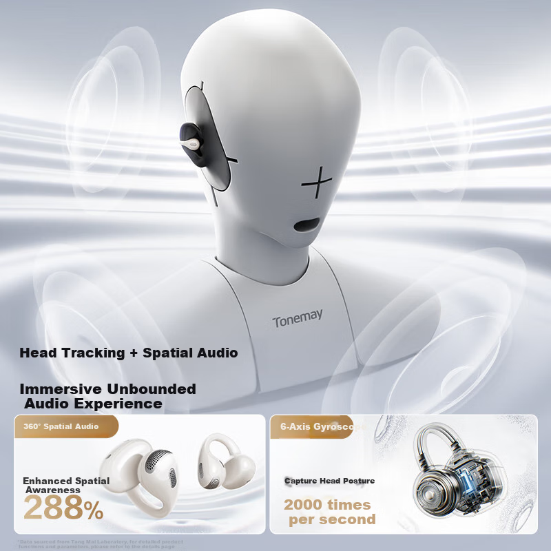 Tangmai Q8 Open-Ear Bluetooth Headphones with Head Tracking, Bone Conduction Technology, Wireless, Sweatproof, Long Battery Life, Suitable for Apple, Huawei, Noise Cancelling, Black