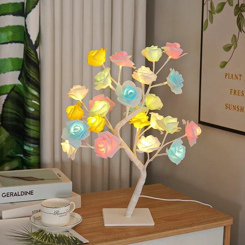 24LED Настольная лампа, роза, фонарь с питанием от USB, ночники для дерева, для девочек