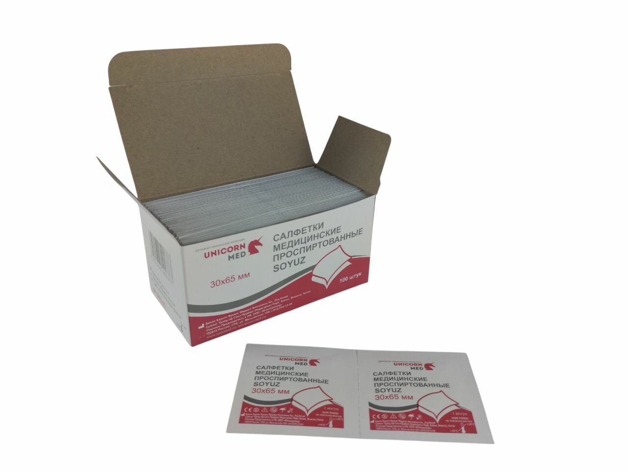 Салфетка спиртовая 30*65мм "SOYUZ" этиловый спирт ((Юникорнмед) 100 шт.