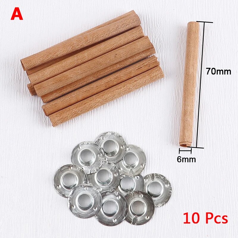 10 шт./компл, деревянные фитили для свечей, круглые, цилиндрические, с железной подставкой, принадлежности для изготовления свечей ручной работы, бездымные деревянные стержни для свечей