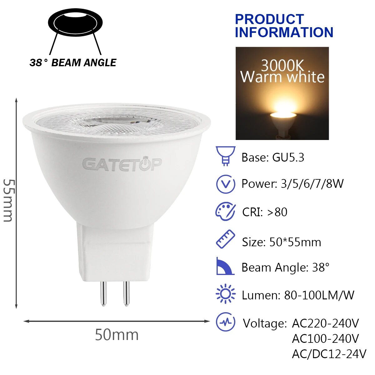 3 шт. светодиодных точечных светильников Gatetop GU5.3 теплый 38 degrees 3000K, AC220-240V, 5 Вт