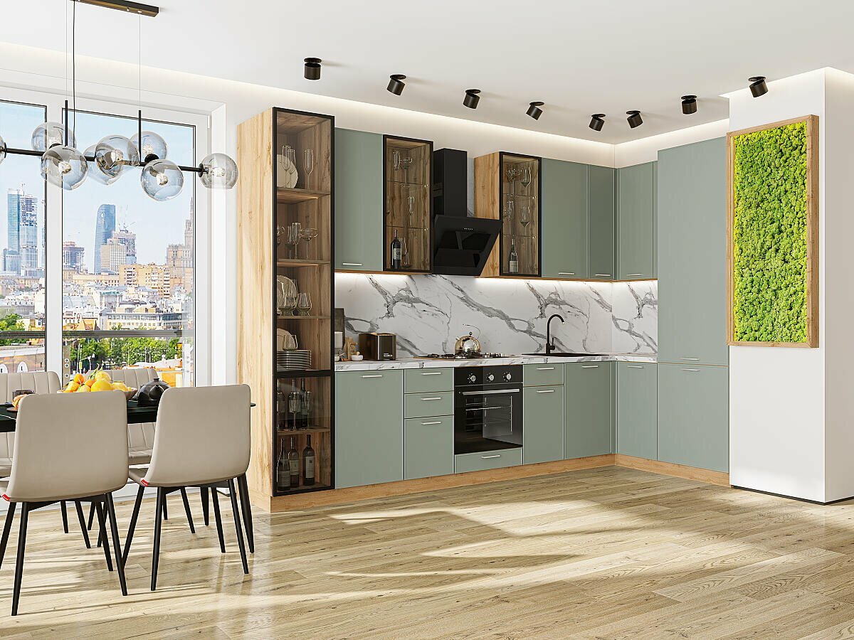 Кухня Квадро-04, цвет фасада Аквамарин, цвет каркаса Дуб Вотан, 2340*3400/1600*600 мм