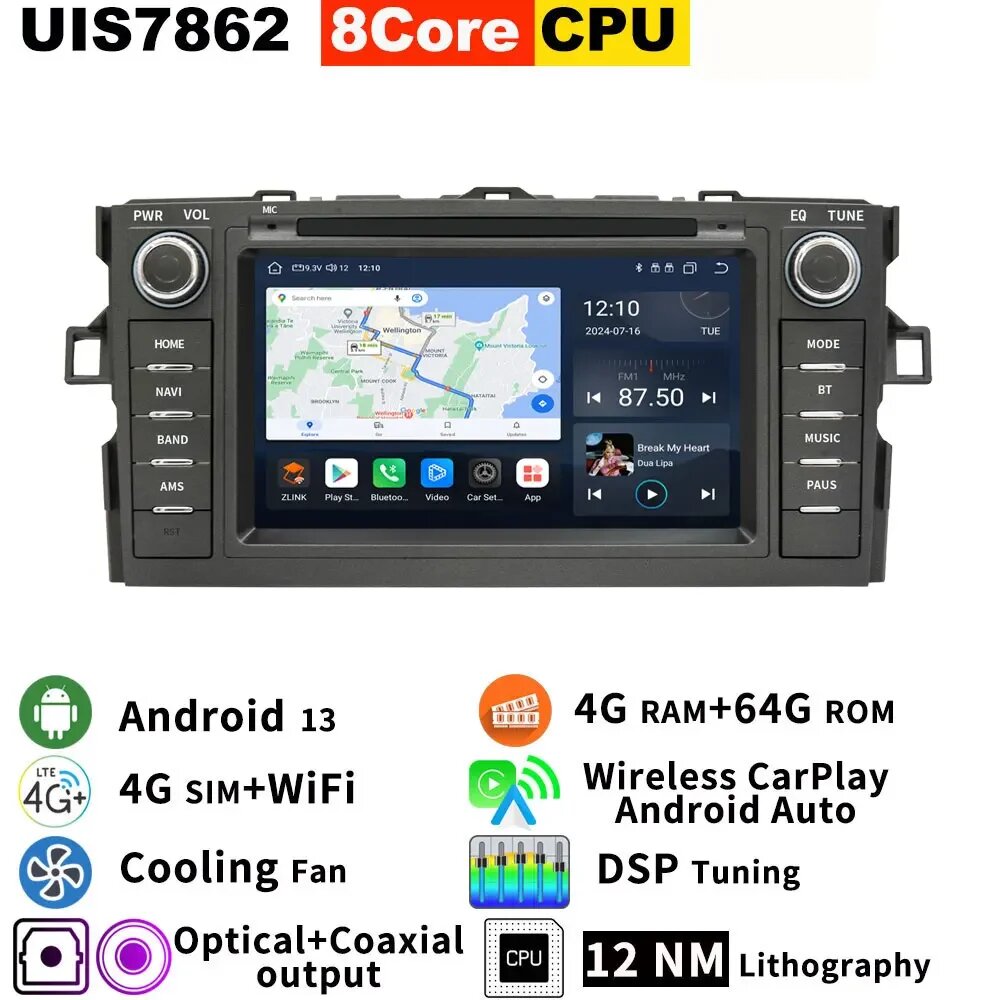 Автомагнитола Android 13, 4G WiFi, 8Core UIS7862, 4G+64G, CarPlay
