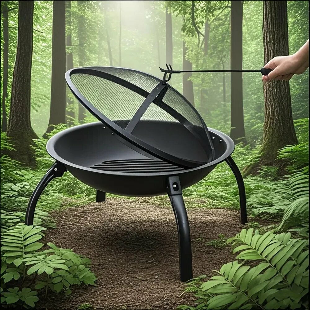 Костровая чаша складная из прочного металла с крышкой и кочергой уличный очаг для сада, кемпинга и дачи