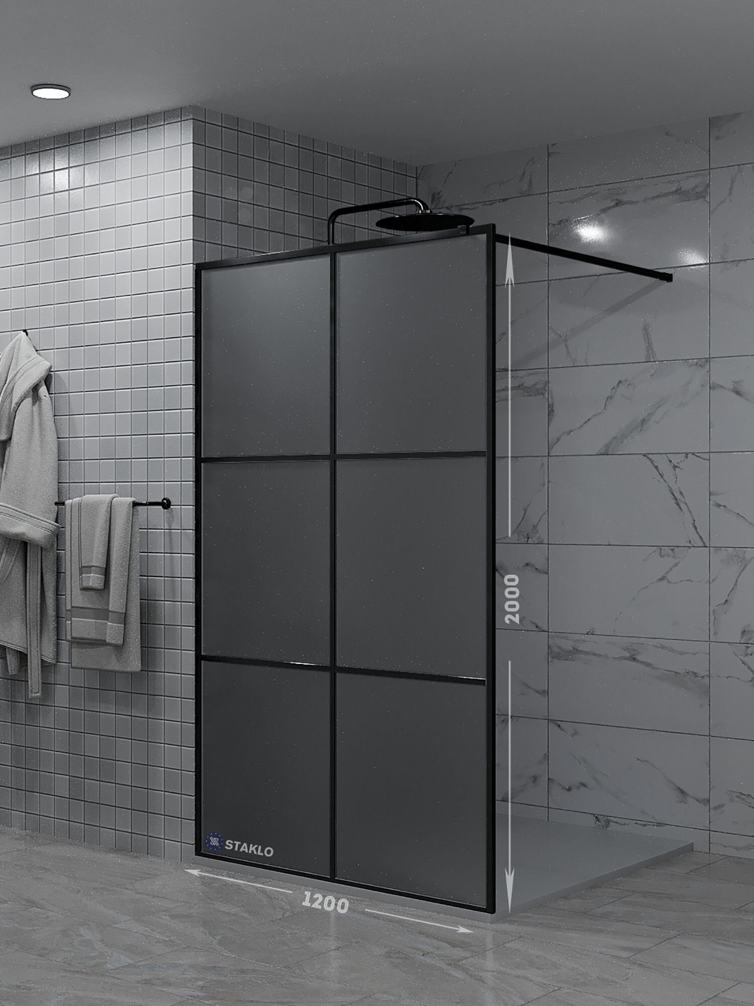 Loft душевая одиночная перегородка staklo 120x200 из серого графит матового стекла черная фурнитура