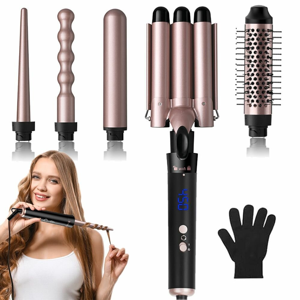 Щипцы для завивки волос 5 в 1 с термощеткой, индикатором температуры, Керамические щипцы для завивки волос с 3 насадками, мгновенный нагрев
