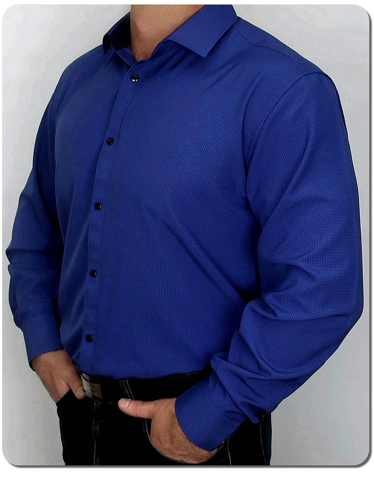 Рубашка приталенная с длинным рукавом мужская рубашка, темная сорочка на кнопках, рубаха на любой сезон, синяя мелкая клетка, без карманов, на любой сезон и на лето рубашка Slim fit с приталенным кроем зауженная