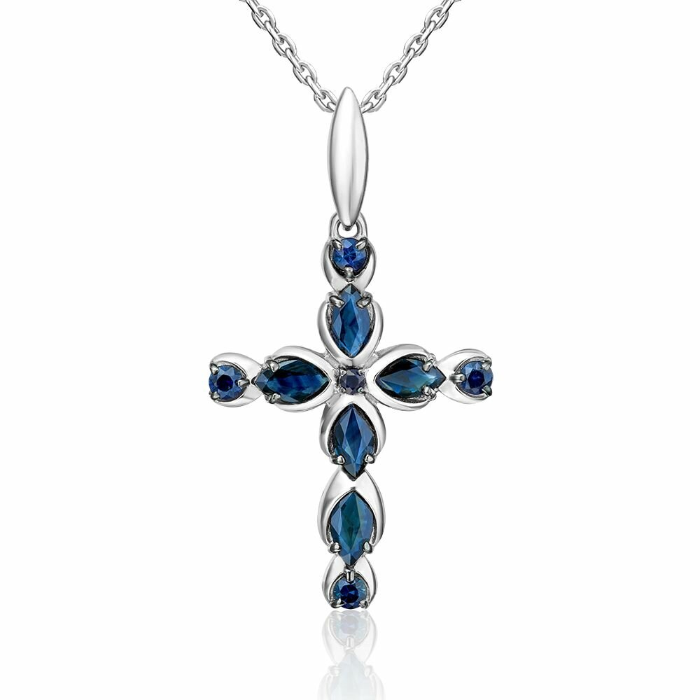 Крестик, белое золото, 585 проба, родирование, сапфир