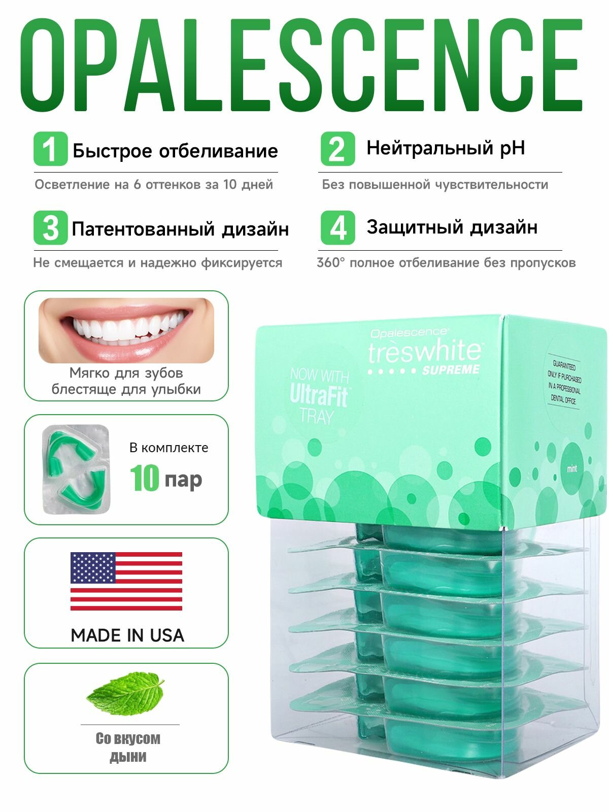 Opalescence Trswhite Supreme 10% Набор для домашнего отбеливания зубов (10 капп), вкус мята Ultradent, США