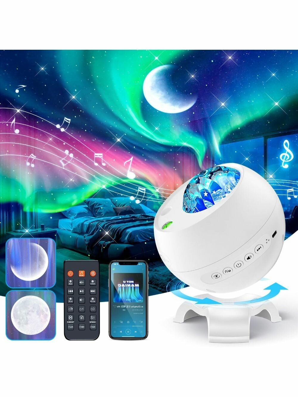 Проектор Lights Galaxy с 90 режимами освещения, Bluetooth, 15 звуками белого шума, таймером, дистанционным управлением для релаксации и идеями подарков.