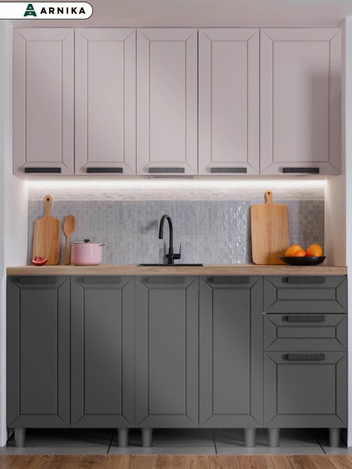 ARNIKA Кухонный гарнитур со столешницей 1,6м Кашемир/Сталь, скоба черный, сонома