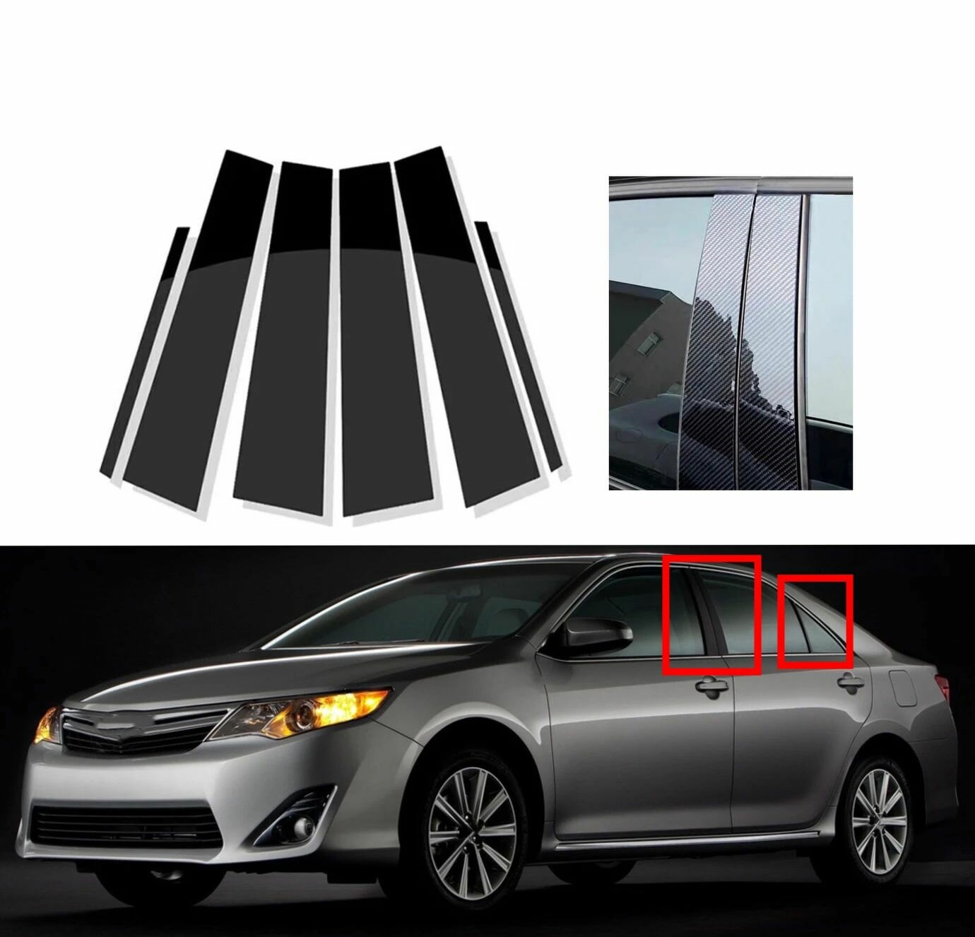Серебристые карбоновые глянцевые чёрные стойки, подходят для Toyota Camry 2012 2017, накладки-молдинги на боковые оконные стойки дверей