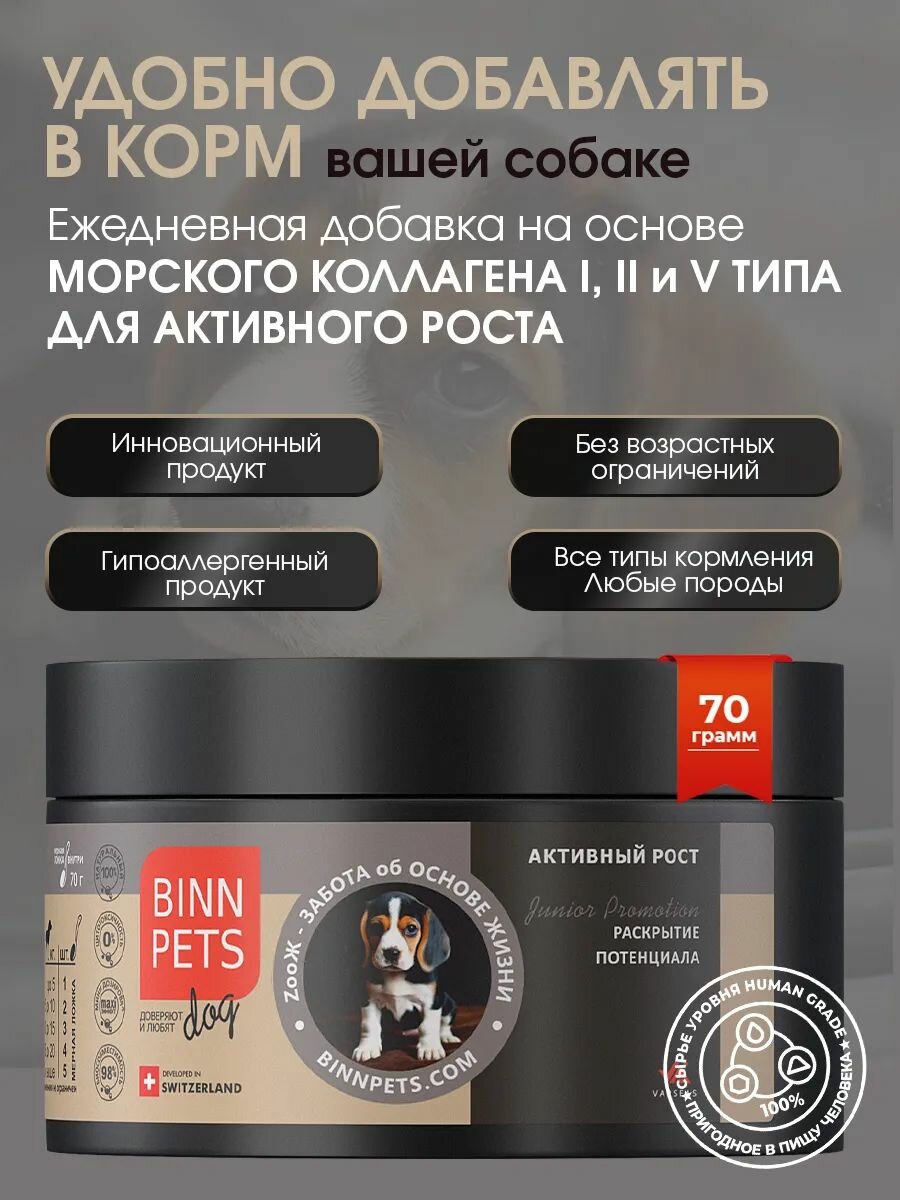 Натуральный морской коллаген для молодых собак BINN PETS Junior Promotion адаптивная формула защиты суставов, связок, хрящей во время активного роста в банке 70 грамм