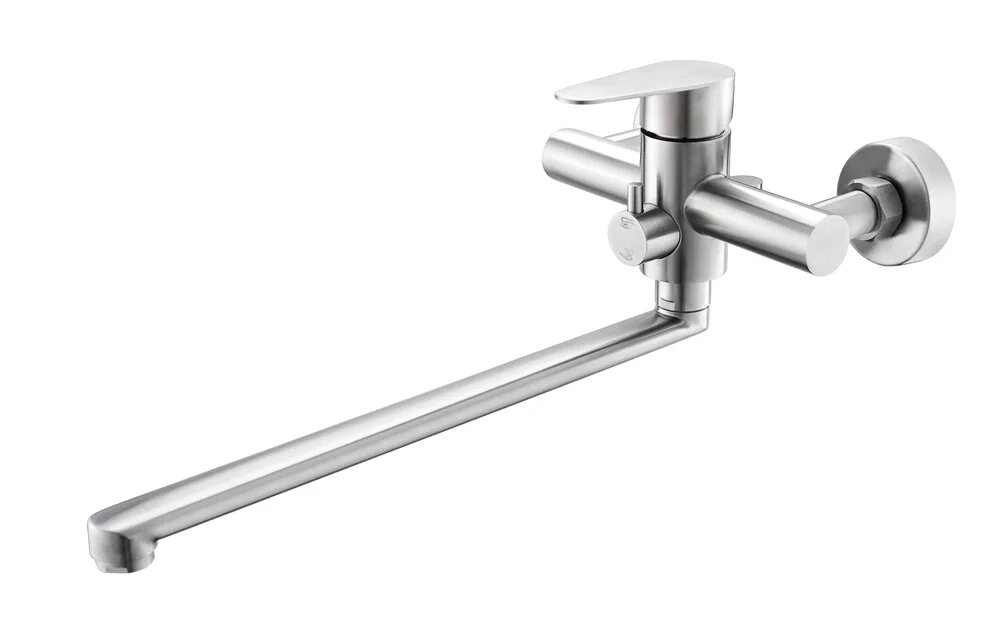 Смеситель с длинным изливом для ванны Olive'S Steel ST1221 с душевым гарнитуром, поворотный, из нержавеющей стали, хром, смеситель для ванны с душем, рычажный, с настенным держателем