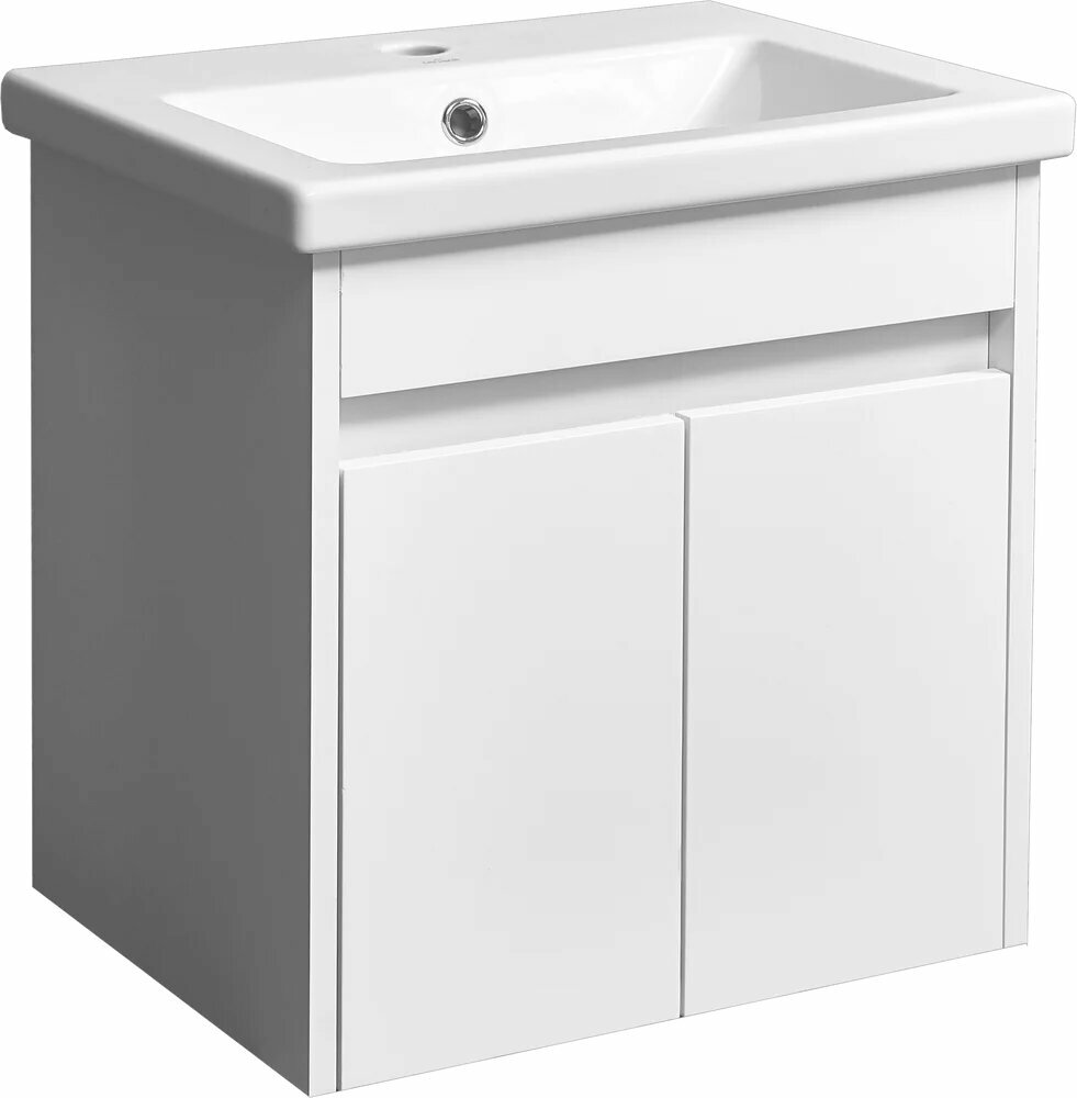 Тумба с раковиной Stella Polar Фаворита подвесная, 50 см, белая, глянцевая, из МДФ, с дверками, раковина для ванной фарфоровая, прямоугольная, встроенный слив-перелив