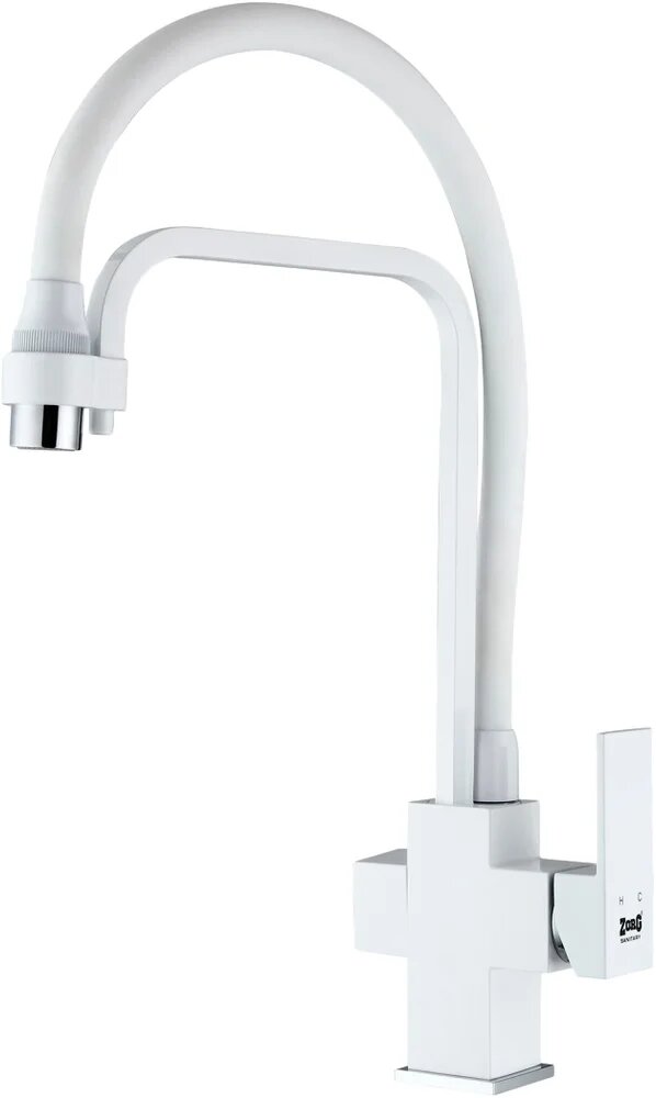 Смеситель для кухни Zorg Sanitary ZR 341-8 YF White с гибким изливом, с краном для питьевой воды, с поворотным изливом, белый, глянцевый, однорычажный, латунный, с керамическим картриджем
