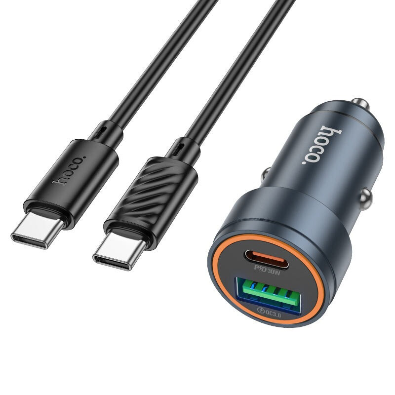 Автомобильная зарядка USB, Type-C Hoco Z57A Glorious 30W, с кабелем Type-C - Type-C, черный