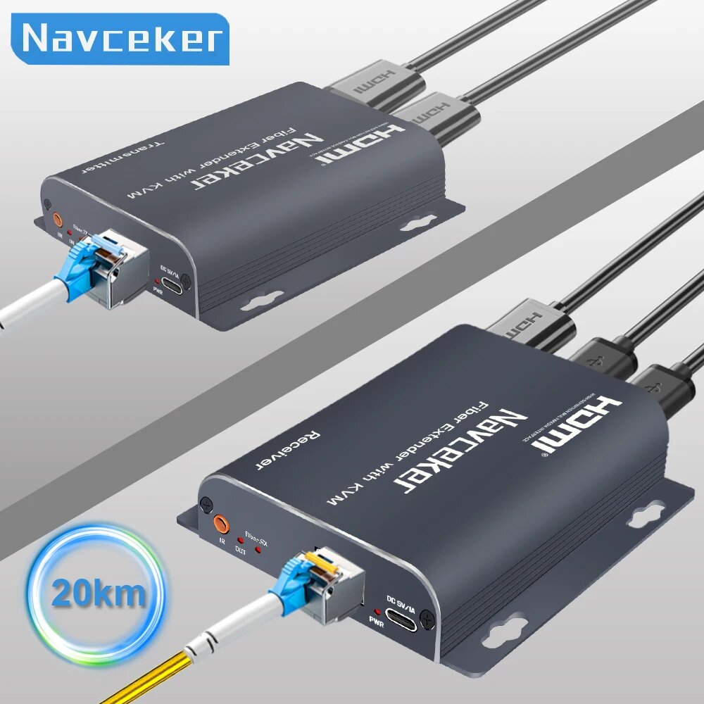 Navceker HDMI оптоволоконный удлинитель 20 км EU Power Plug