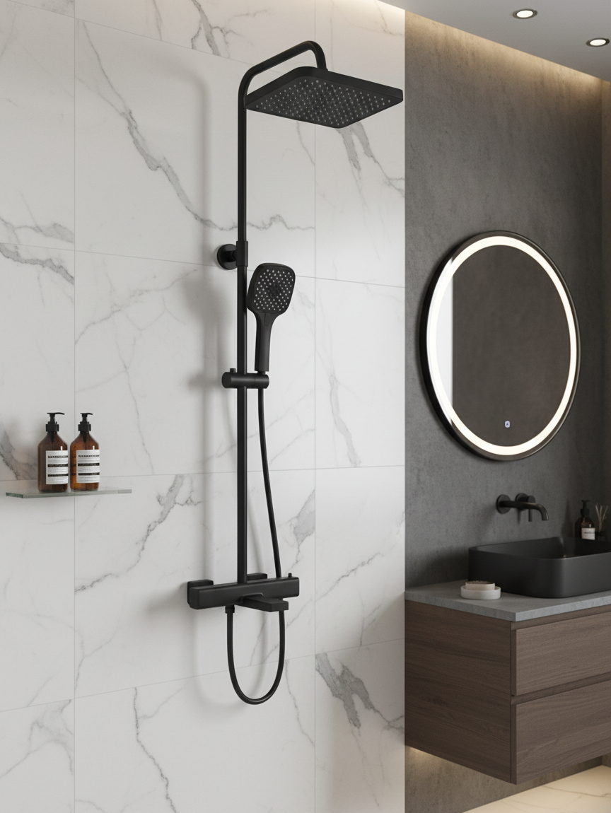 Душевая система ESKO STT3054Black, с термостатом и изливом, PVD, черная / тропический душ