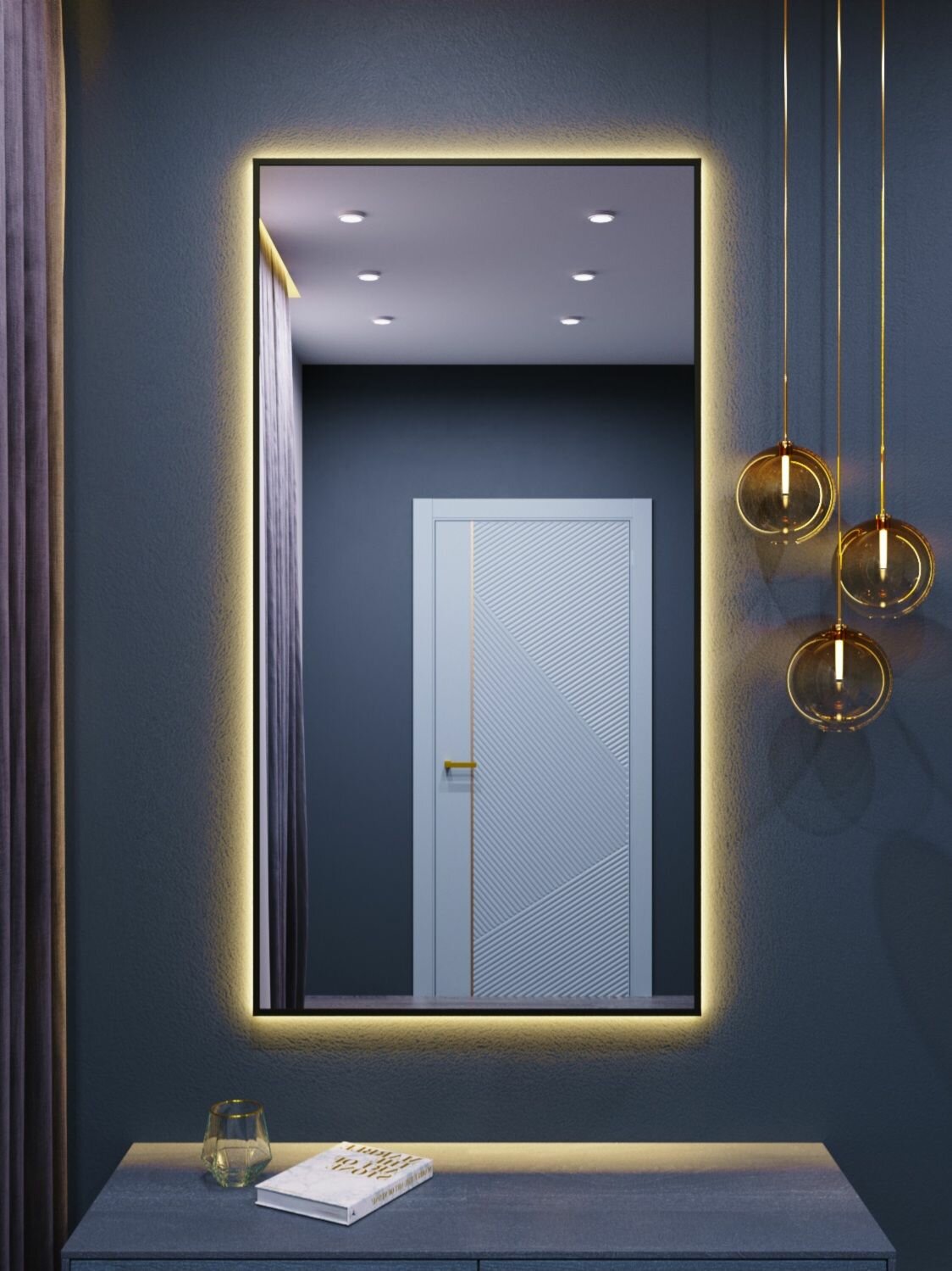 Зеркало в ванную 120х70 см. черное с подсветкой. Свет: Теплый белый 3000К В алюминиевой раме настенное MOONRISE