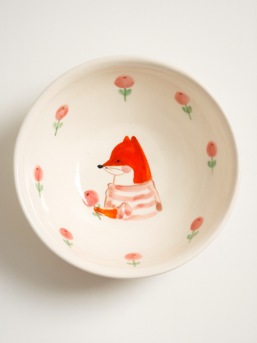 Пиала ручной работы с росписью внутри Лисёнок с розовыми цветами, белая, фарфор, 10 см