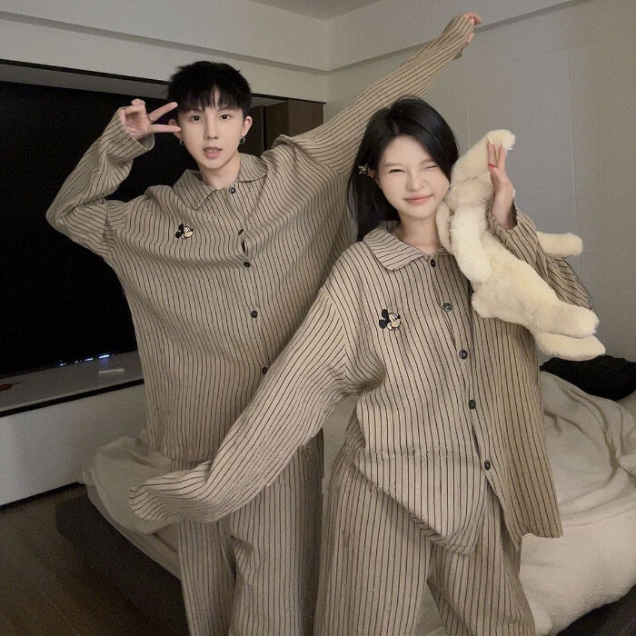 Весенне-осенняя пижама для женщин, милый мультяшный Микки, простой полосатый комплект домашней одежды для пары для мужчин, размер: XL