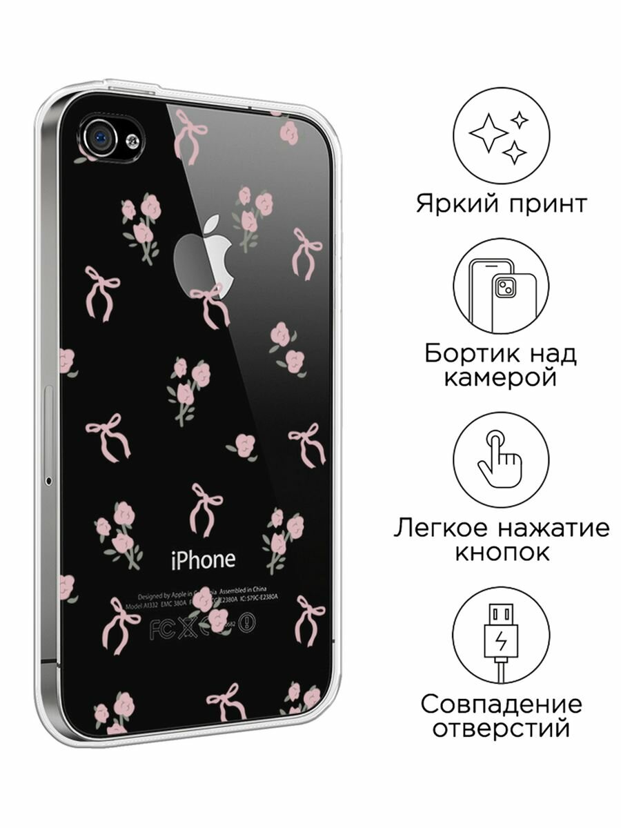 Чехол на Apple iPhone 4/4S / Айфон 4/4S с принтом "Розы и ленточки", прозрачный — фото 1