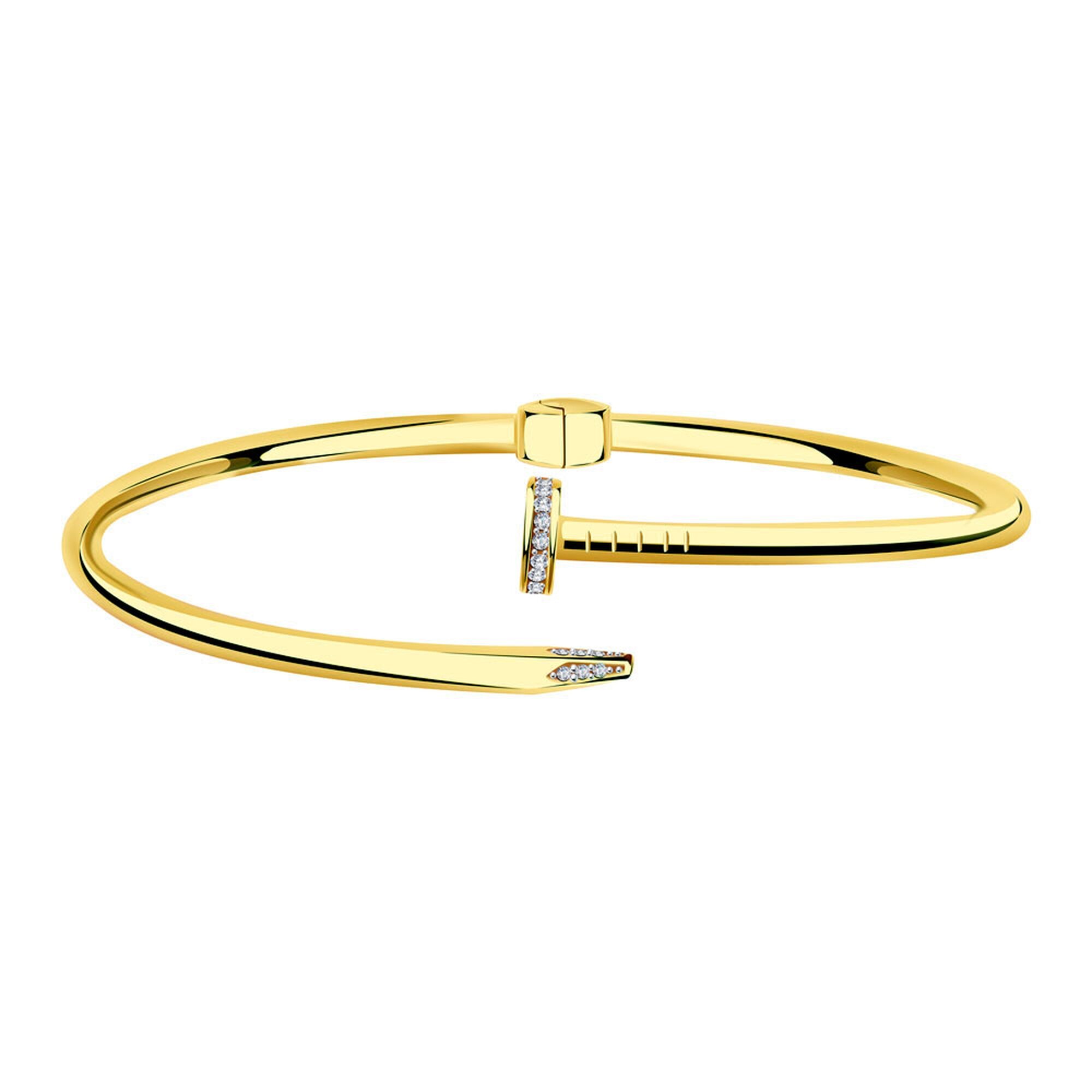 Жесткий браслет, желтое золото, 375 проба, фианит