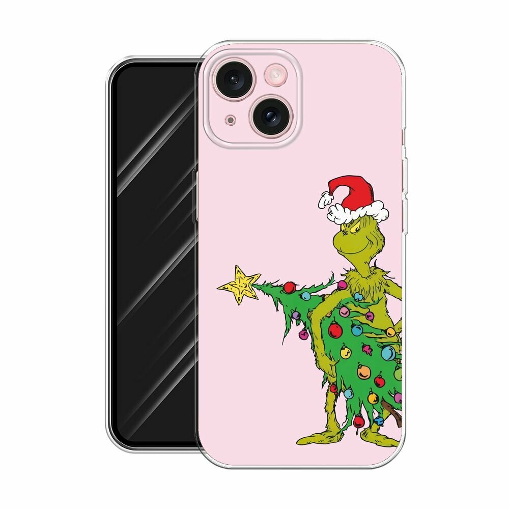 Чехол на Apple iPhone 15 / Айфон 15 с принтом Гринч с ёлкой 1 — фото 1