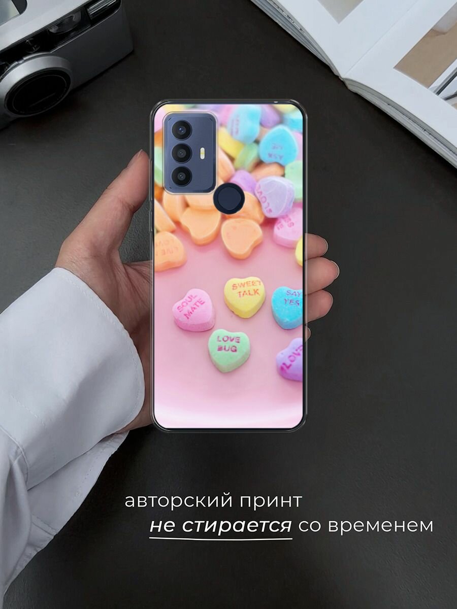 Чехол на TCL 30E/30 SE/305/306 / ТСЛ 30E с принтом "Конфетки сердечки 2" — фото 1