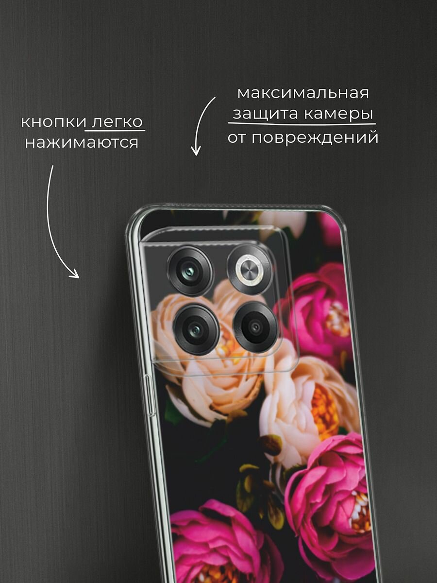 Чехол на OnePlus 10T / Ван плюс 10T с принтом "Розовые пионы на черном" — фото 1