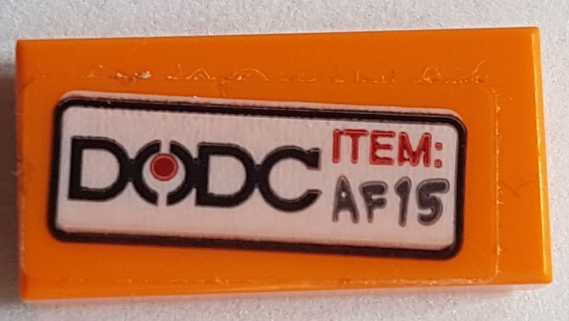Tile 1 x 2 with 'DODC' and 'ITEM: AF15' Pattern (Sticker) - Set 76082, 3069pb0732 Orange U
