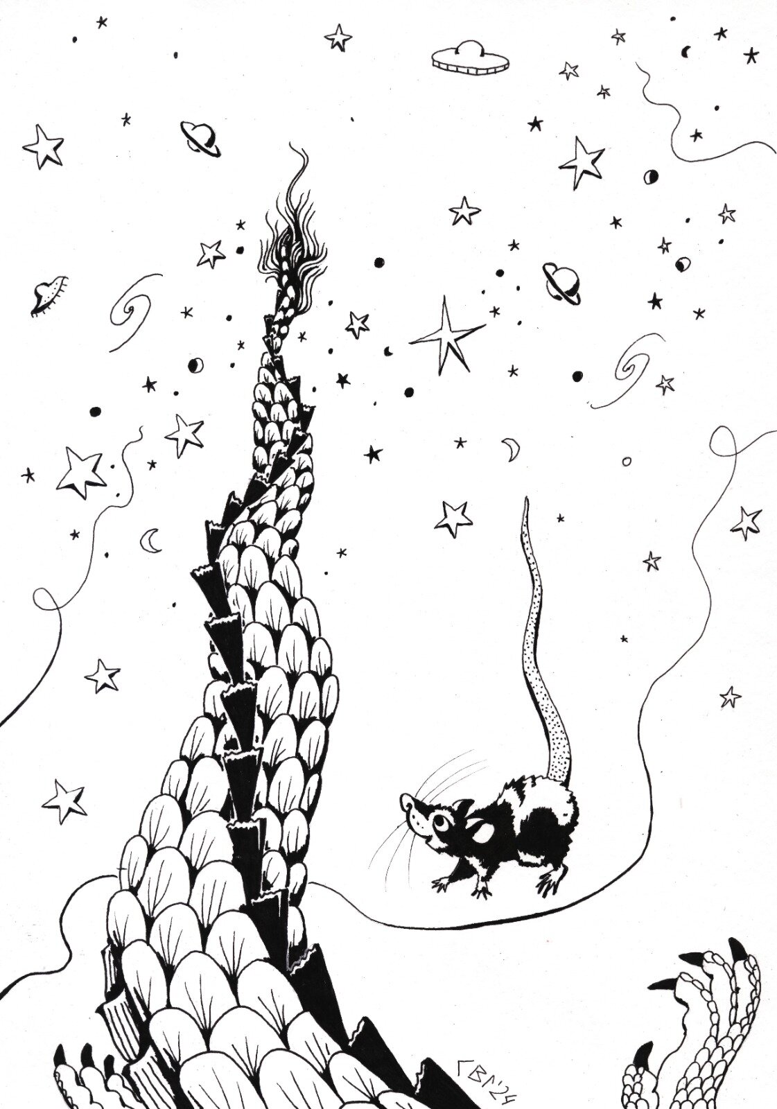 Картина "Два шероховатых хвоста", ручная работа, линер, бумага, 30х21 см