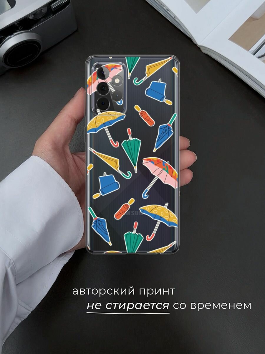 Чехол на Samsung Galaxy A72 / Самсунг Галакси А72 с принтом "Зонты паттерн", прозрачный — фото 1