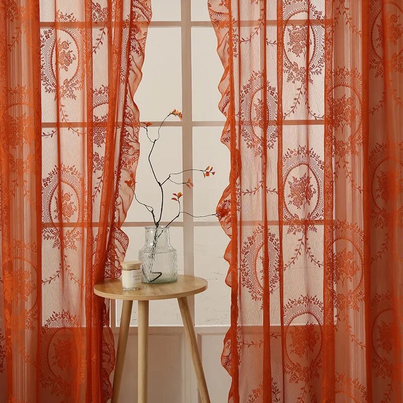 Розовые кружевные шторы 100% полиэстер Оранжевый, 1PC-W140xH200cm, Orange