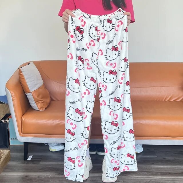 Утолщенные пижамные штаны Hello Kitty, флисовые брюки Sanrio из аниме, мягкие, эластичные, женские брюки с рисунком, подарок на день рождения и Хэллоуин, Размер: М 37-47 кг