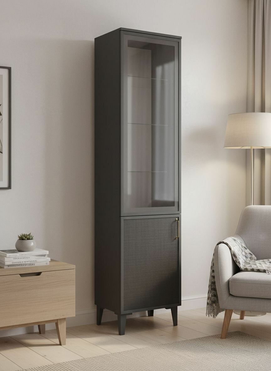 ARNIKA Пенал-витрина с полками и стеклом, Графит серый