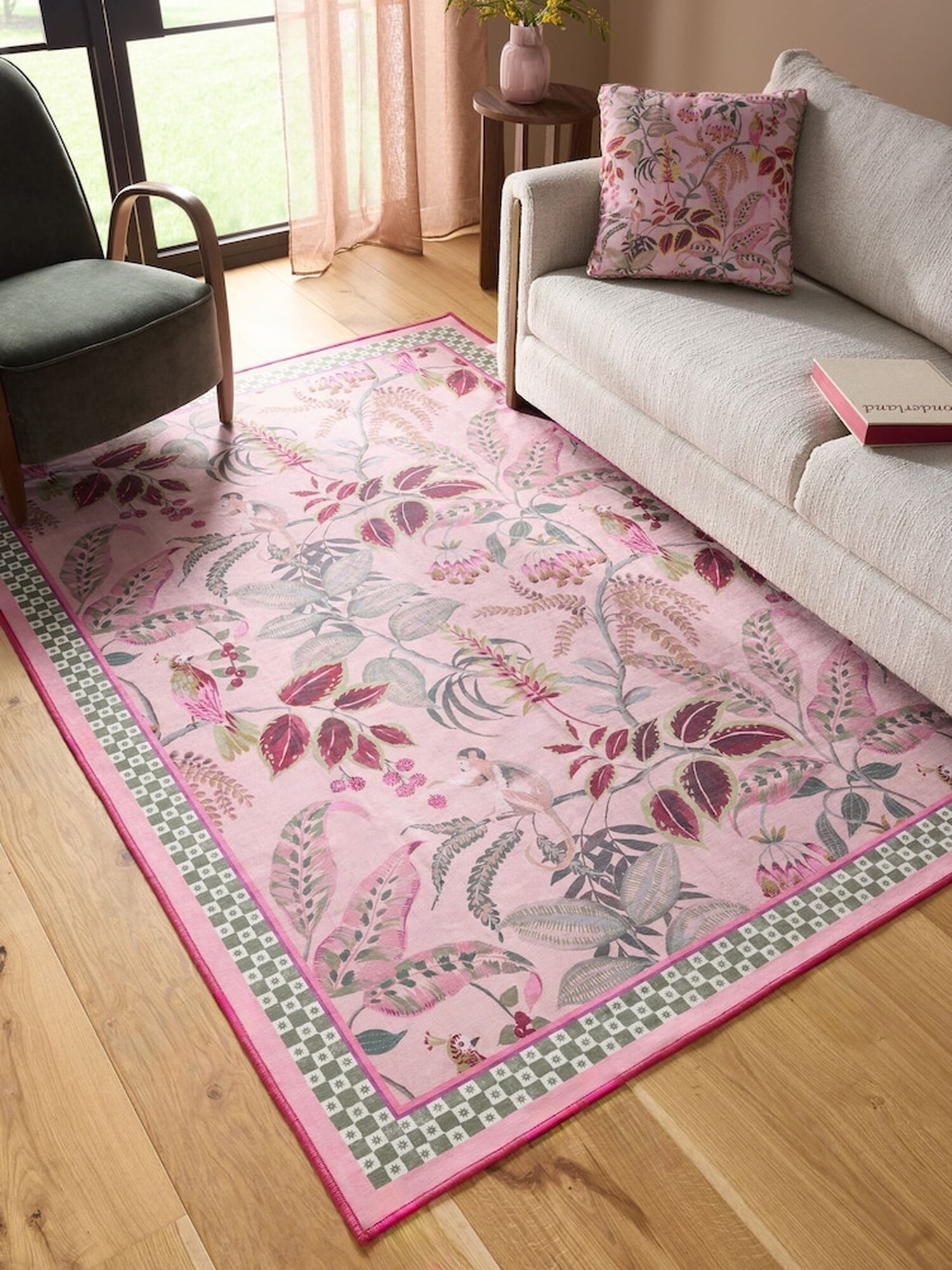 Ковер NEXT "Цветочный", с обезьяной, 140x200 см, цвет розовый