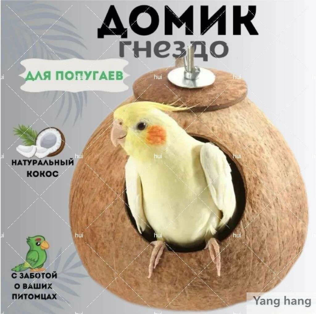 Гнездо для попугая из натурального кокоса и мусора, диаметр кокоса: 11-14 см, 1 шт