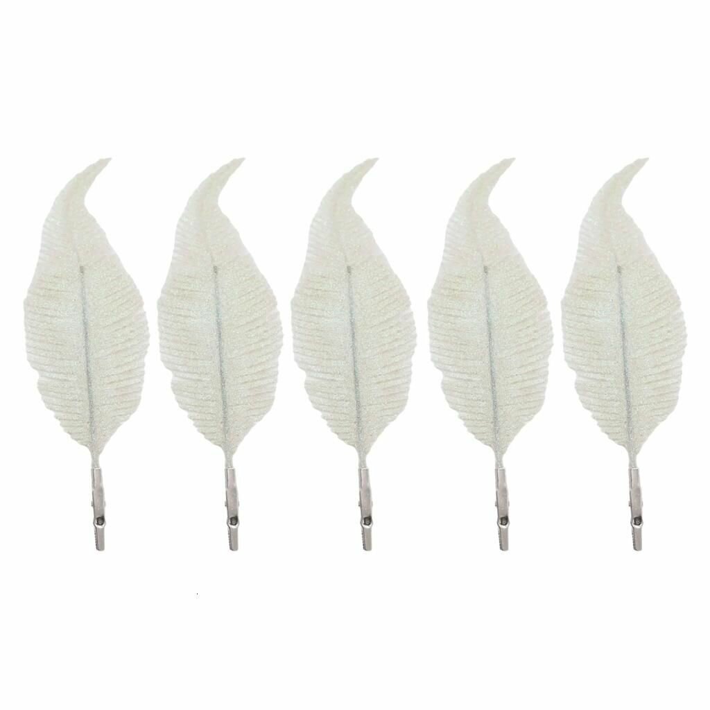 5 зажимов для рождественской елки, украшенных четырехцветными перьями, имитацией листьев золотой пудры, из перьев-белый