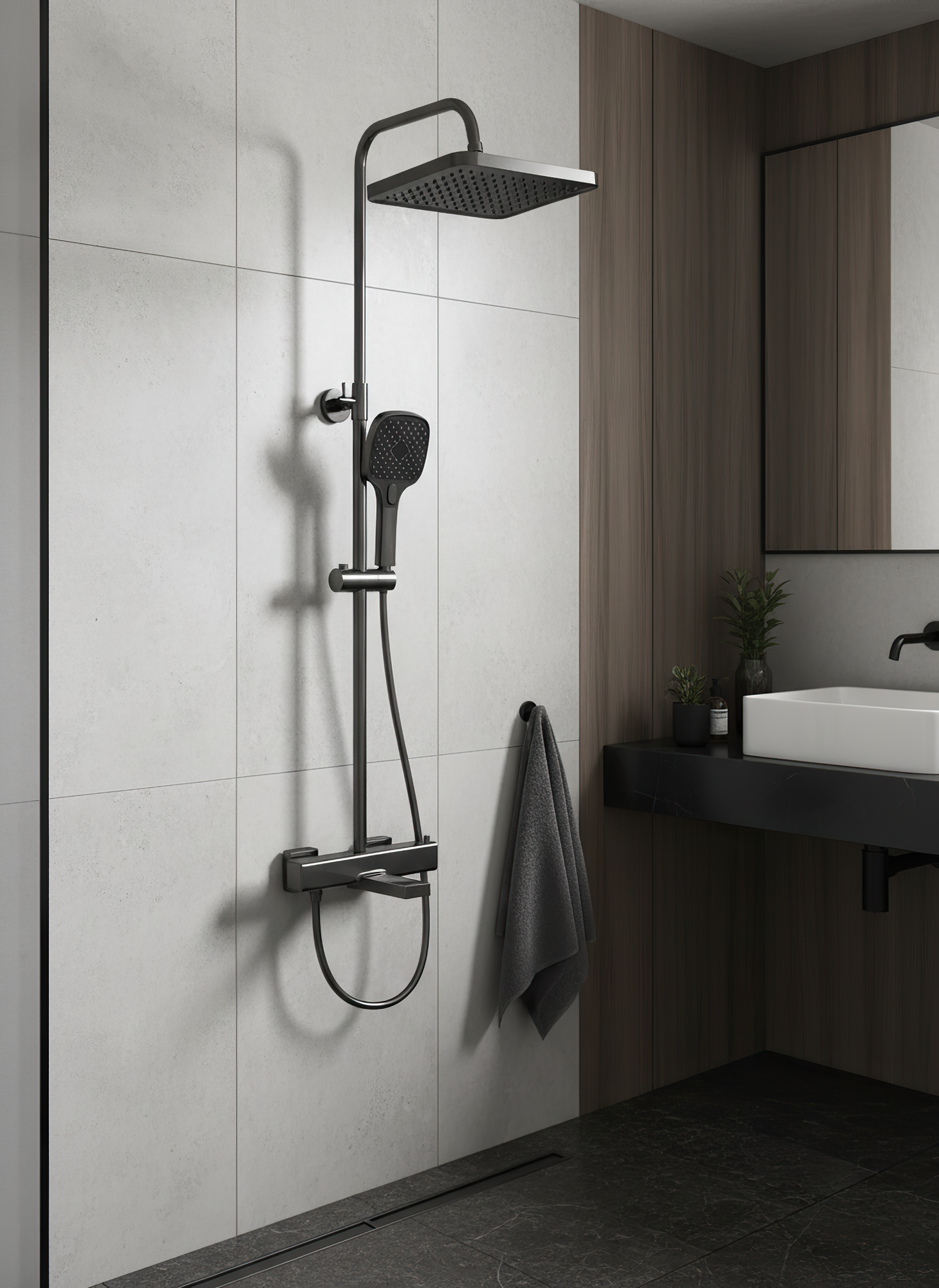 Душевая система ESKO STT3054GM, с термостатом и изливом, PVD, Gun Metal / тропический душ