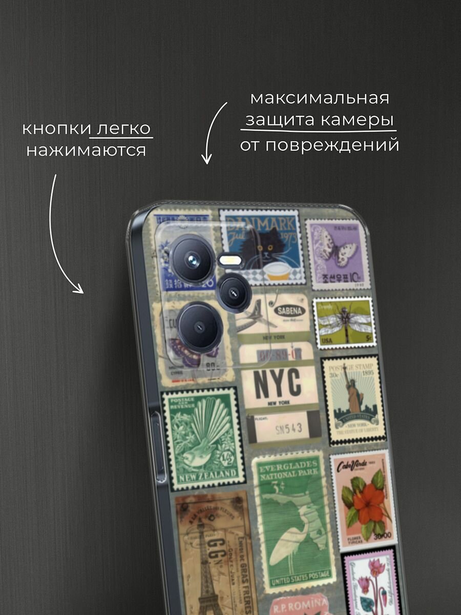 Силиконовый чехол на Realme C35 / Реалми C35 с принтом Коллаж из марок — фото 1