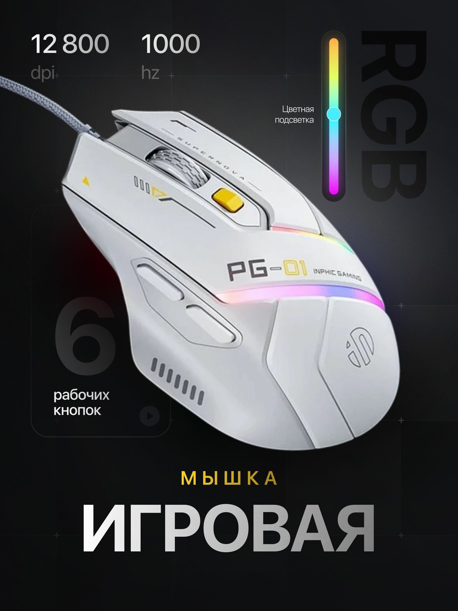 Игровая компьютерная проводная мышь INPHIC PG1 с RGB подсветкой и программируемыми кнопками, белый