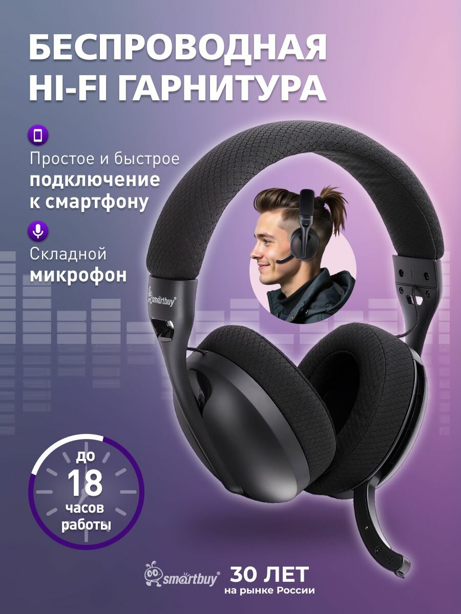 Полноразмерные беспроводные наушники Smartbuy, Bluetooth, микрофон, динамик 40мм