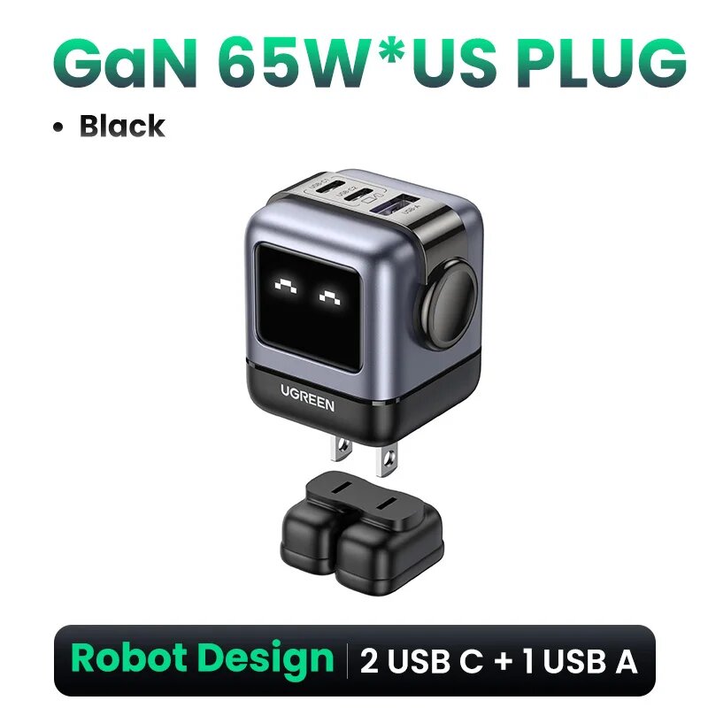 Зарядное устройство UGREEN 65W GaN US, черный, 2 USB-C + 1 USB-A