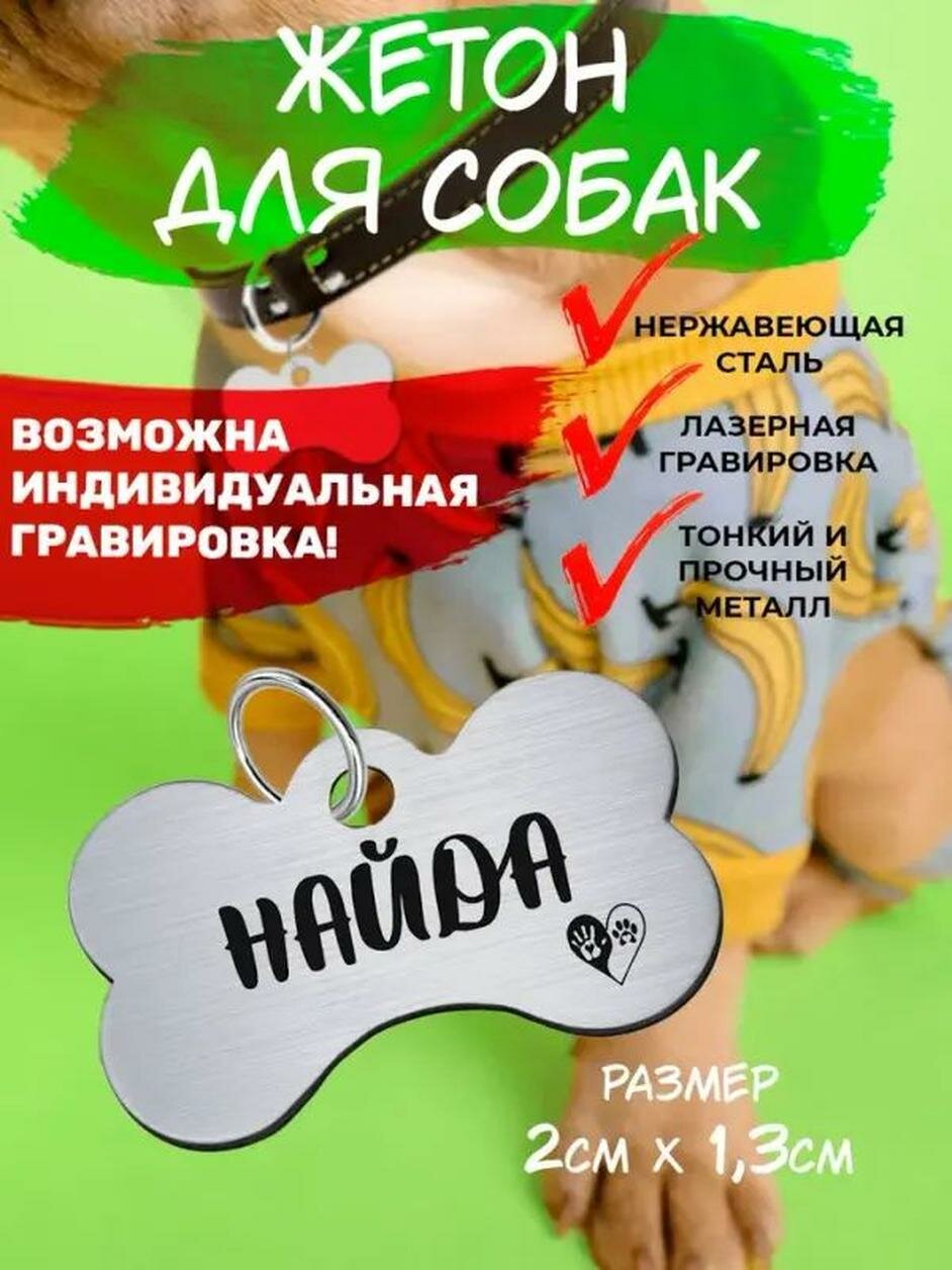 Адресник для собаки с гравировкой, нерж. сталь, серебристый, Найда