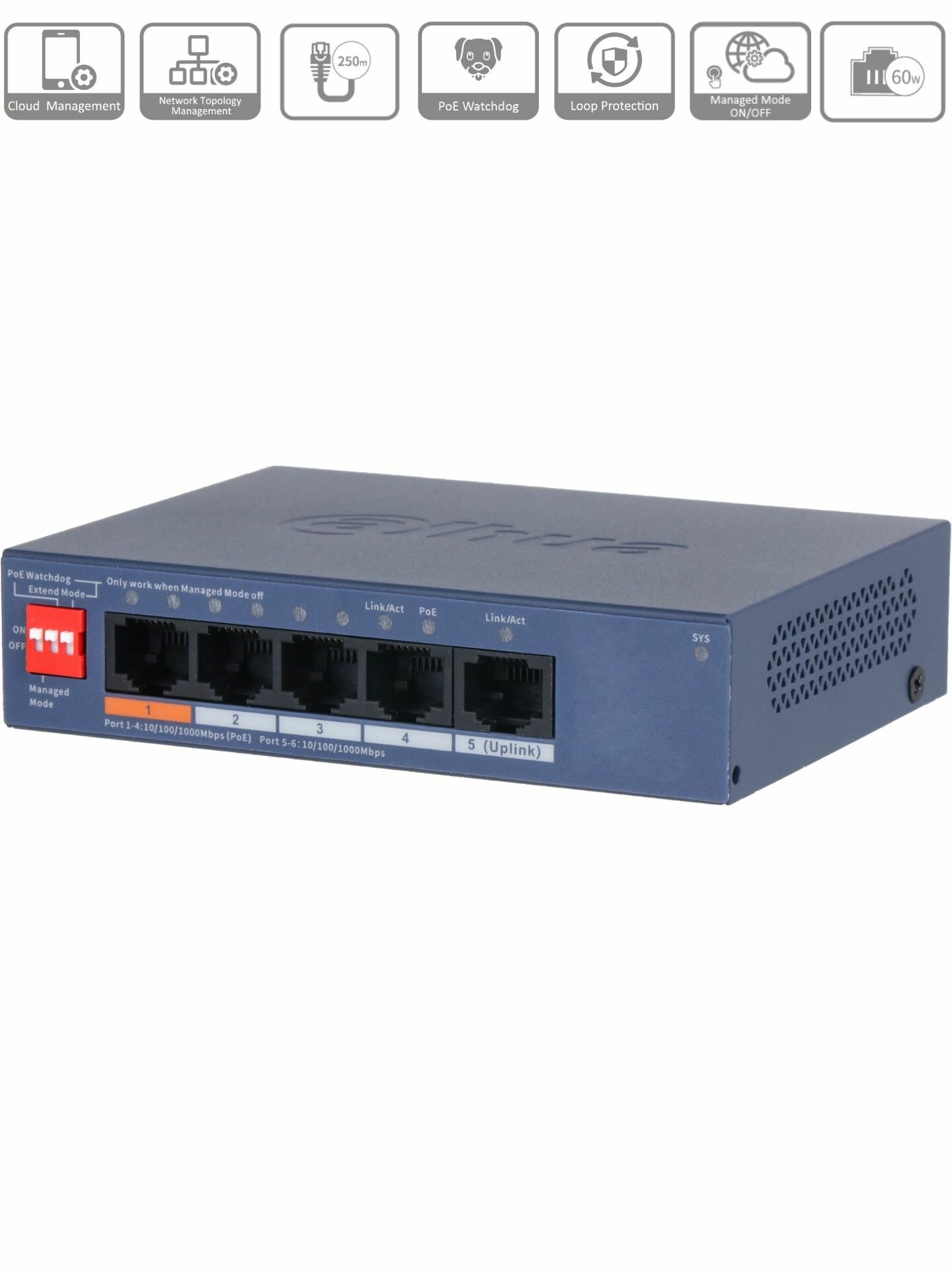 Dahua DH-CS4005-4GT-60 5-портовый управляемый коммутатор с 4 РоЕ до 60Вт
