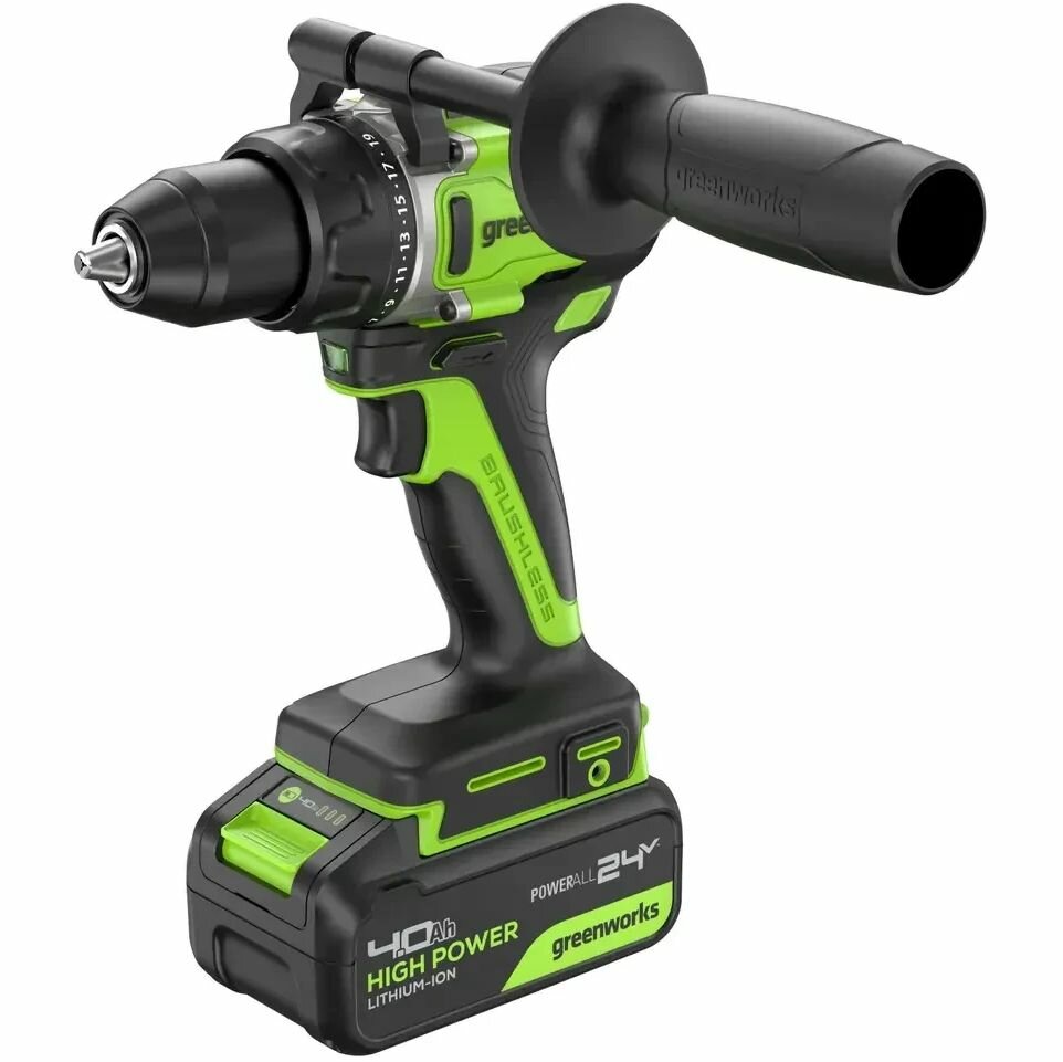 Дрель-шуруповерт Greenworks GD24DD90 (3707507CUB) аккумуляторная, 24V, 90Нм, бесщеточная, 45/90Нм, 1х4Ач, ЗУ, кор