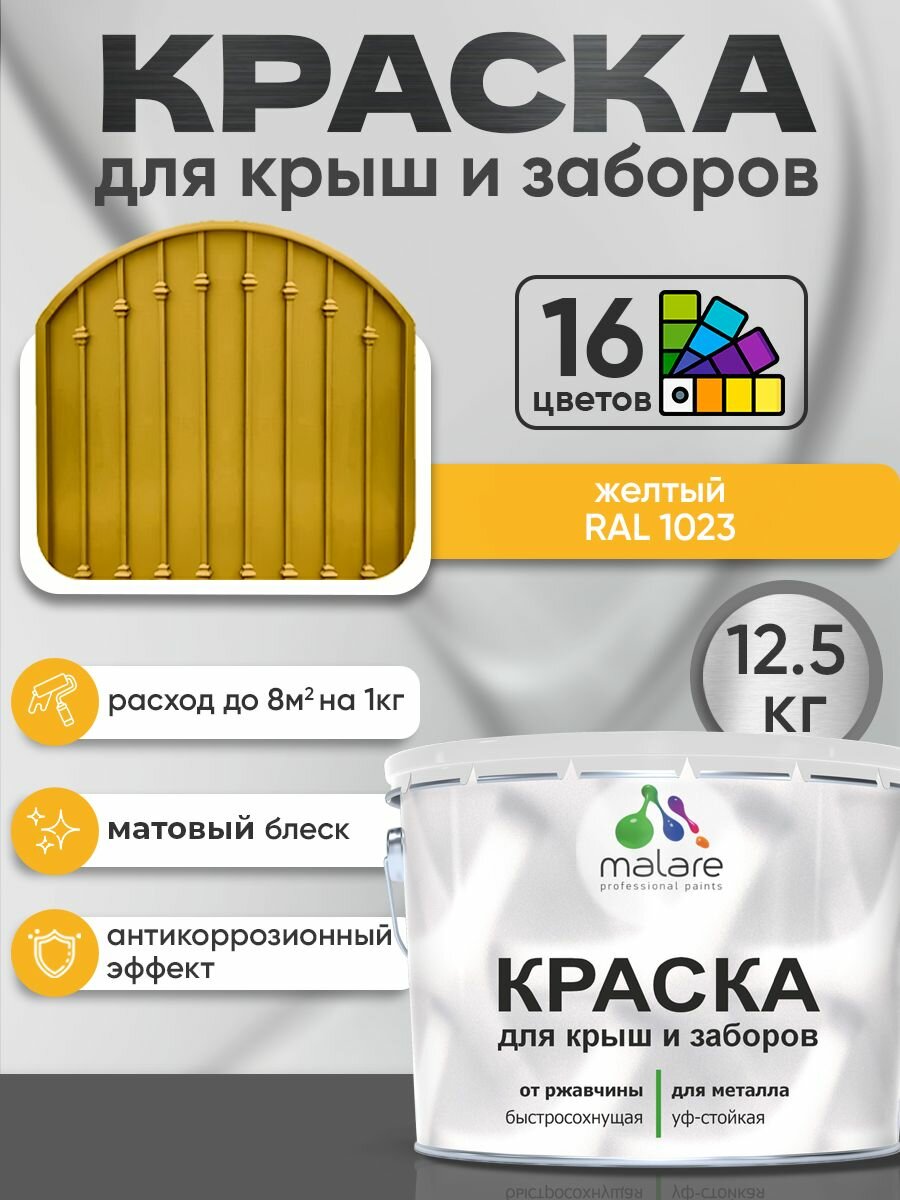 Краска по металлу Malare для крыш и заборов по ржавчине, для наружных работ, быстросохнущая износостойкая RAL 1023 желтый, матовая, 12,5 кг